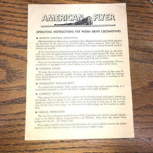 ORIGINAL AMERICAN FLYER M2436 INSTRUCTIONS FOR WORM DRIVE LOCOS | eBay