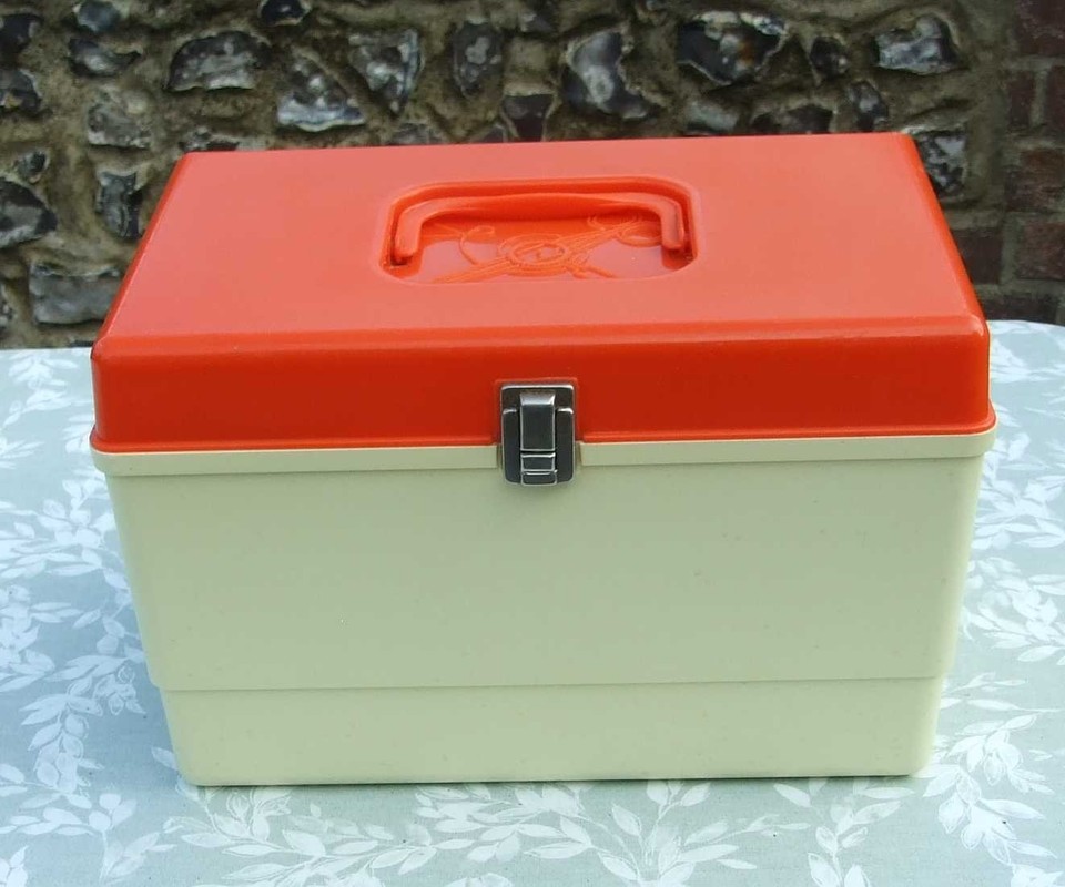 Retro Vintage Orange & Cream Plastic Sewing Box + Contents 34 x 22 x ...