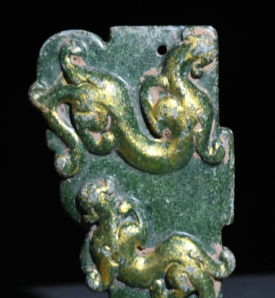 9CM China Hongshan Culture Old Green Jade Gilt Dragon Beast Sword ...