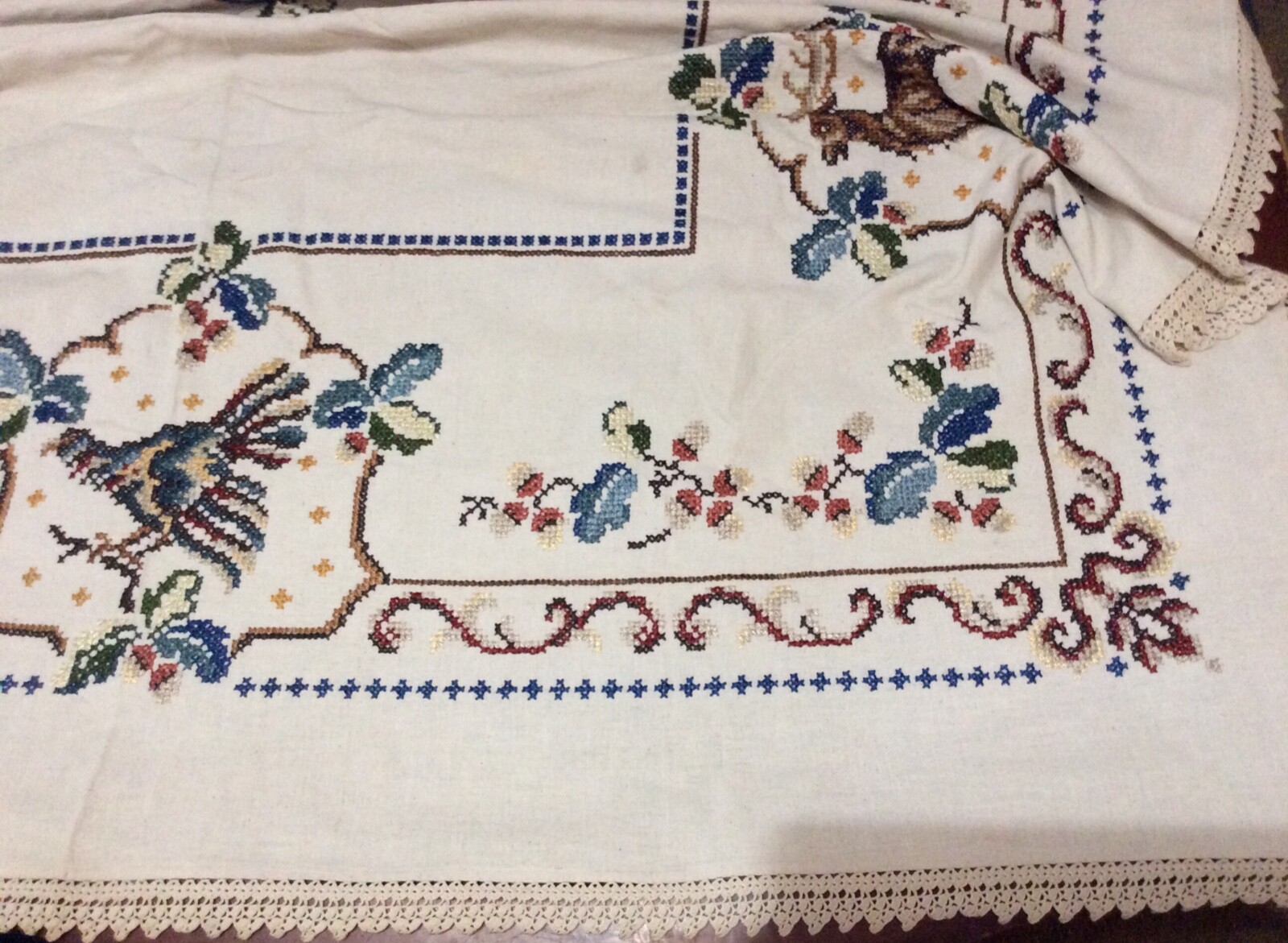 Vintage Embroidered / Cross Stitch Deer & Turkey Tablecloth Crochet ...
