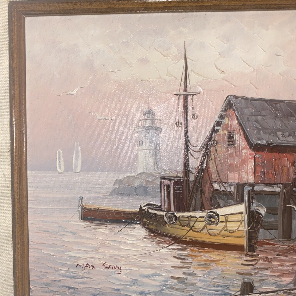 Max Savy Original Signed Oil On Board Harbor Scene Framed Lighthouse ...