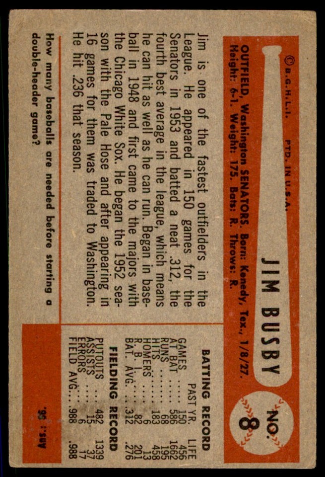 1954 Bowman Jim Busby VG-EX Washington Senators #8 | eBay