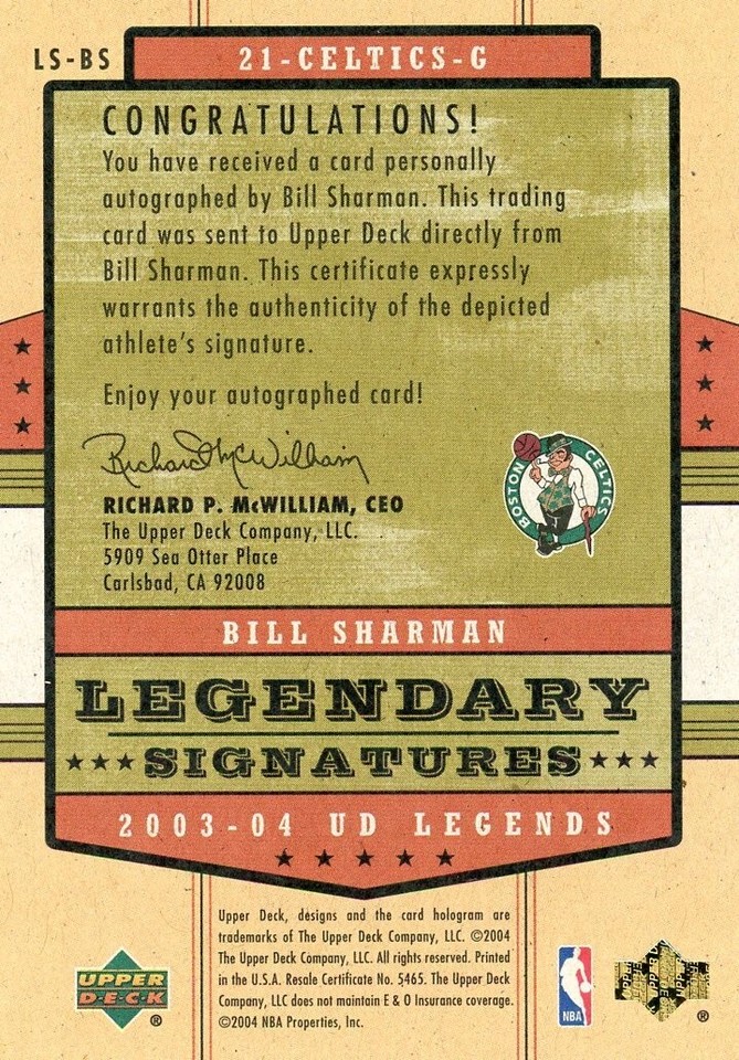 Bill Sharman 2003-04 UD Legends Legendary Signatures autograph Boston ...