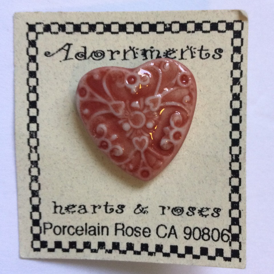 Adornments Hearts & Roses Pink Artist Made Embossed Pin Porcelain Rose ...
