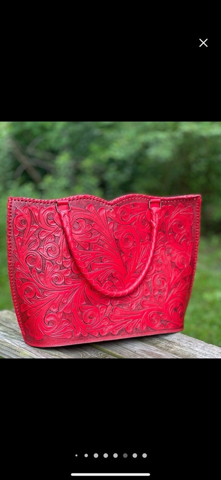 WESTERN Hand-Tooled Leather Tote SUPERB CRAFTSMANSHIP Imported *RED ...
