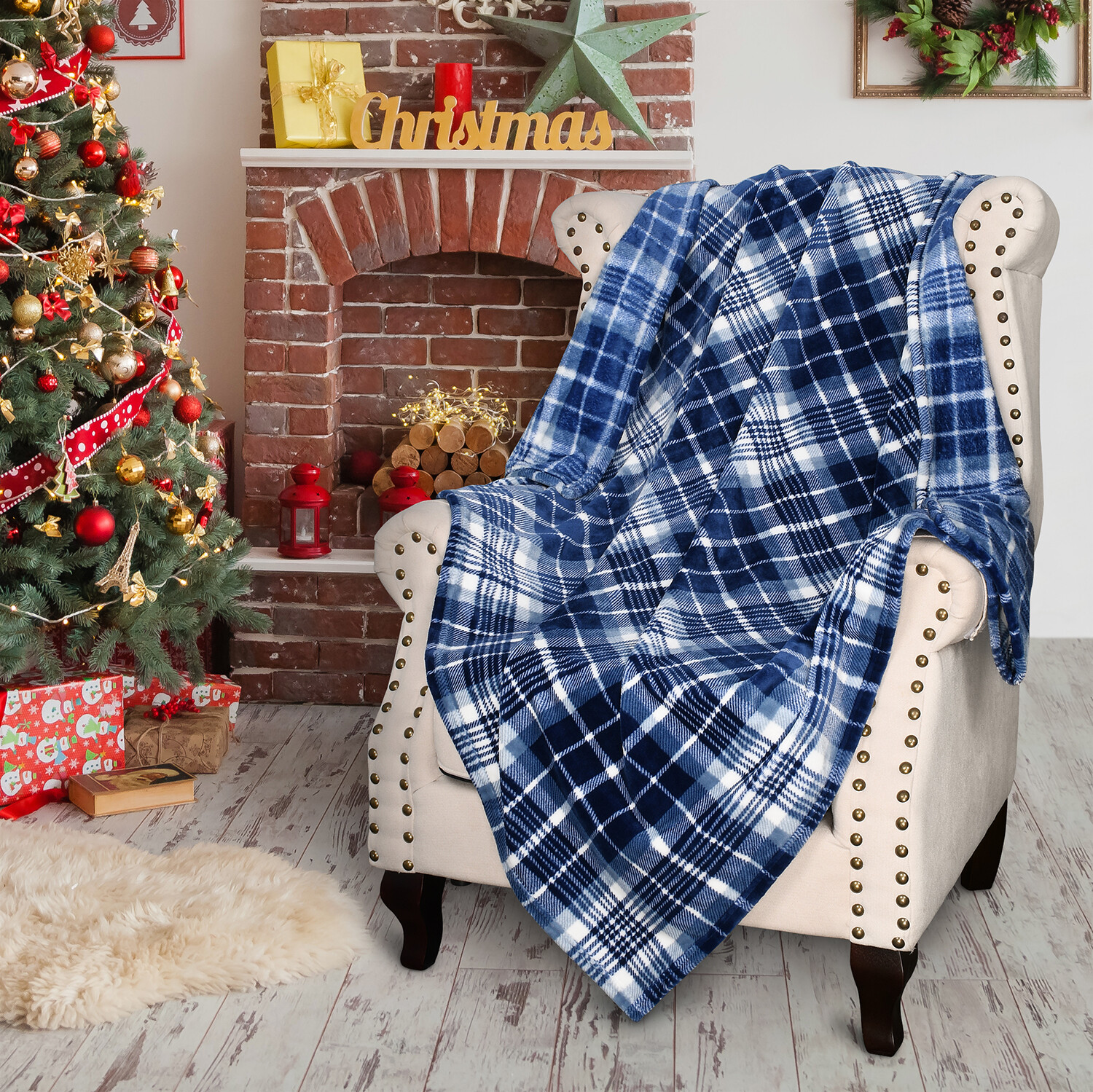 BLUE Plaid Throw Blanket Reversible Micro Fleece TV Blanket Bed Couch ...