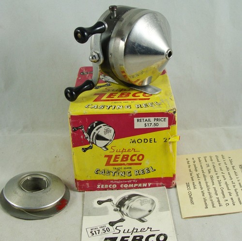 Old Vintage ZEBCO SUPER Model 22 Spincast Reel + Box + Paper + Spare ...