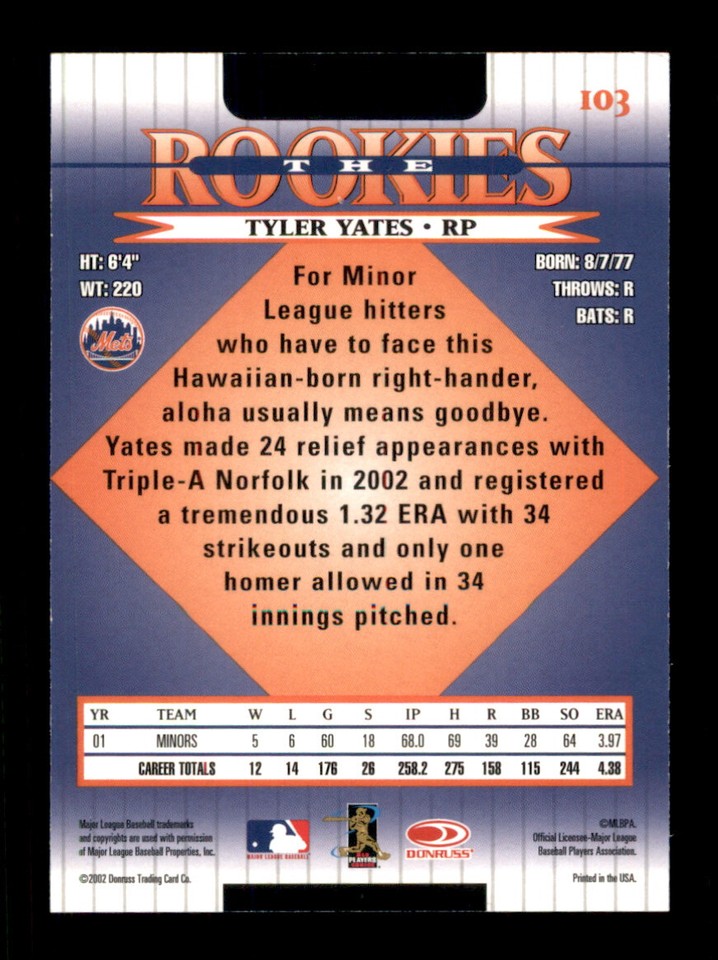 2002 Donruss The Rookies - Tyler Yates - On Card Autograph | eBay