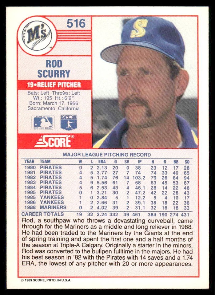 Rod Scurry 1989 Score #516 Seattle Mariners | eBay