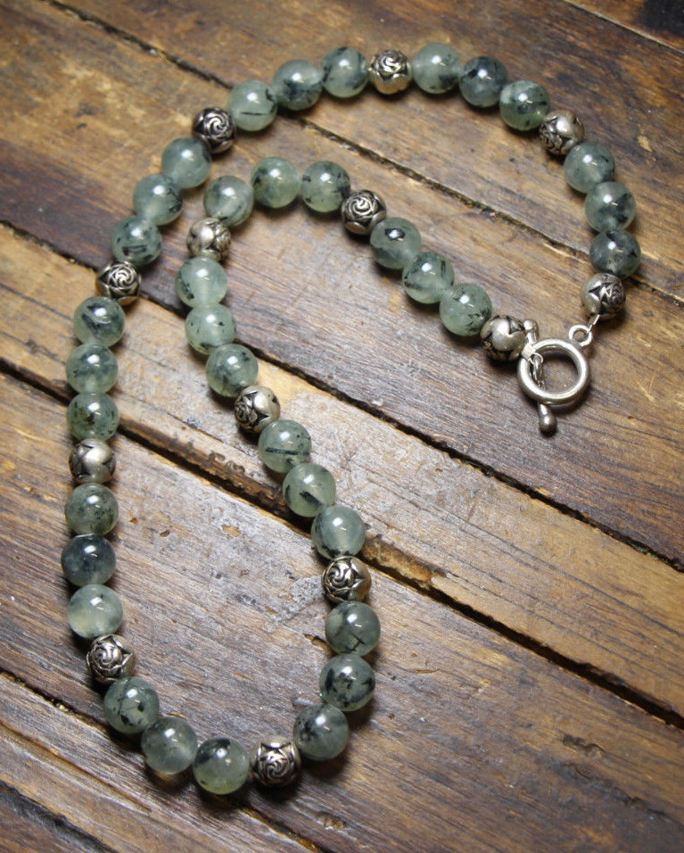 Prehnite Light Green Natural Gemstone Necklace 10mm Ball & Rose bud ...