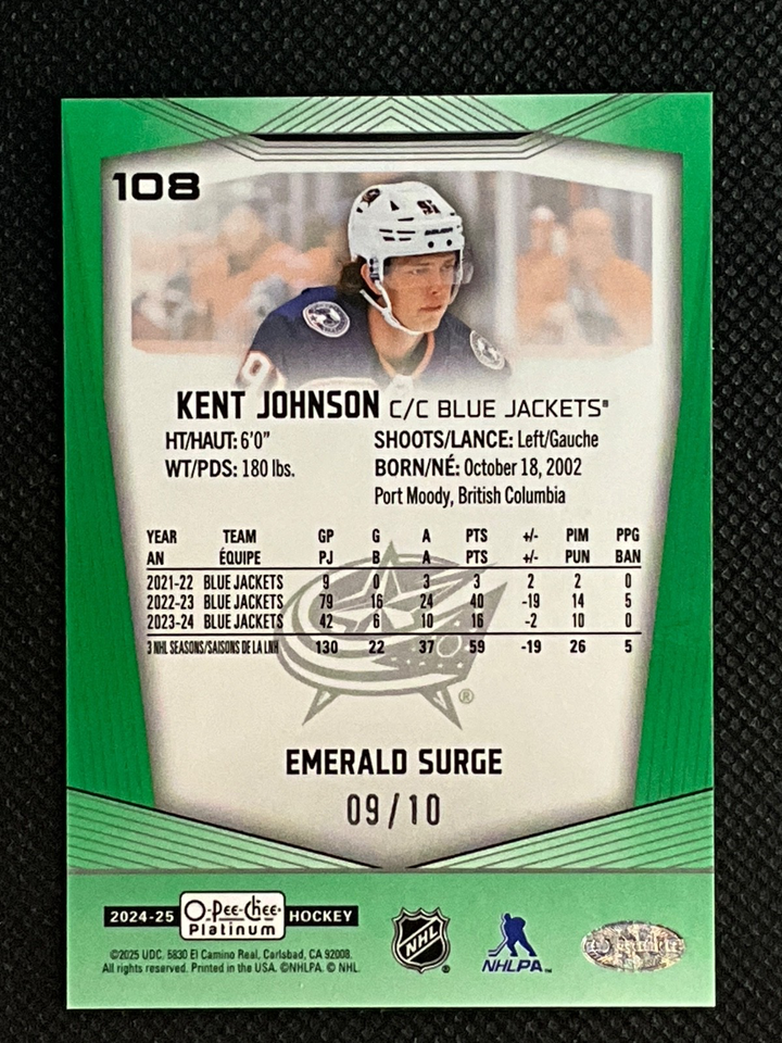 2024-25 O-Pee-Chee Platinum emerald surge - KENT JOHNSON #9/10 - Blue ...
