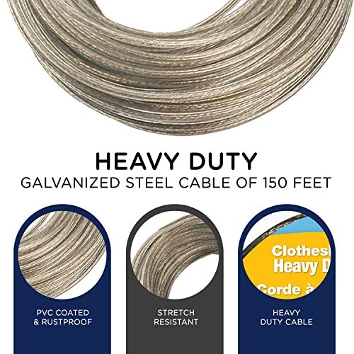 150 Feet Clothesline Outdoor Heavy Duty Galvanized Wire Steel Cable ...