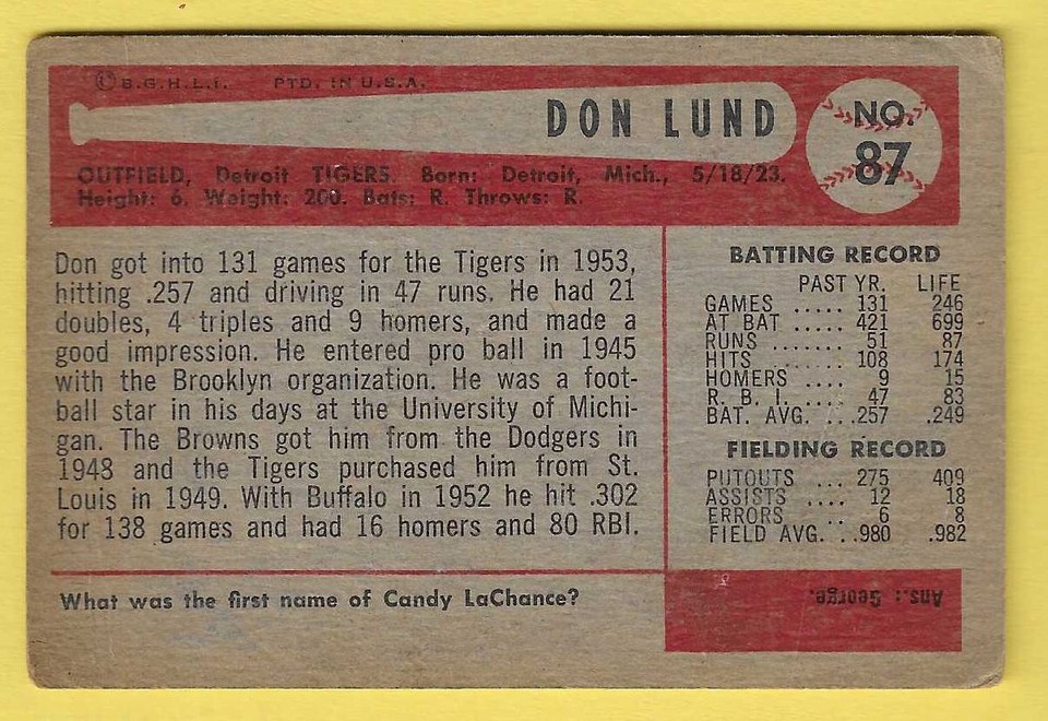 1954 Bowman Don Lund Tigers #87 | eBay