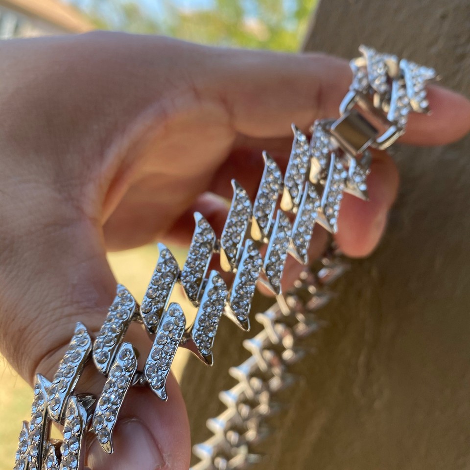 Men's Huge Spike Chain Iced Hip Hop Necklace Simulated CZ Silver Tone ...