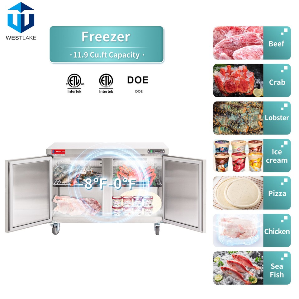 WESTLAKE Stainless Steel 48" 2-Door Worktop Lowboy Undercounter Freezer ...