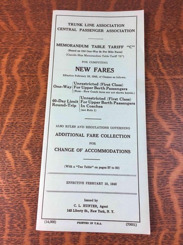 1942 Trunk Line Association Central Passenger Assoc Table Tariff C for ...