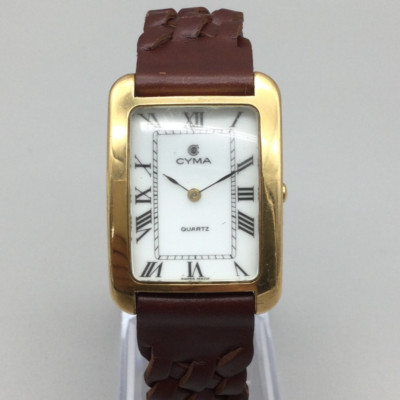 Cyma Tank Swiss Watch Unisex 27mm Gold Tone Braided Leather Band New ...