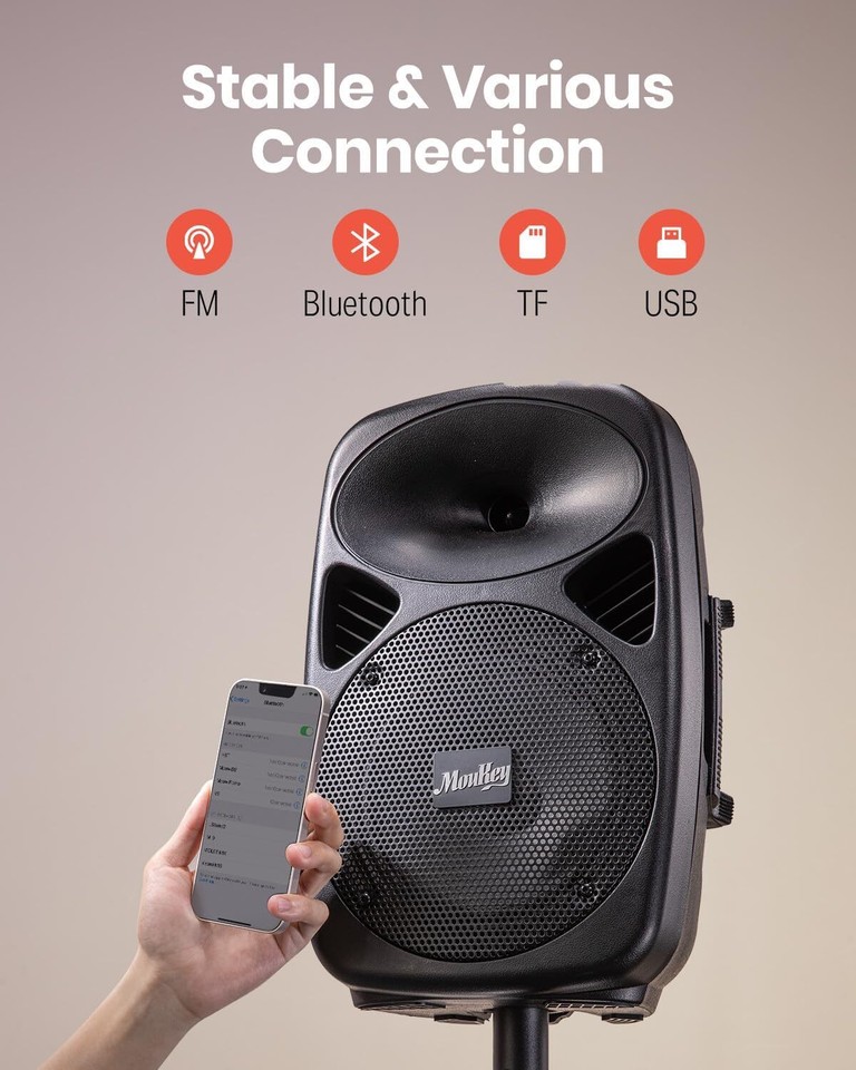 Moukey MPA80 PA System 8“ Speaker 800W Peak Bluetooth Active & Passive ...