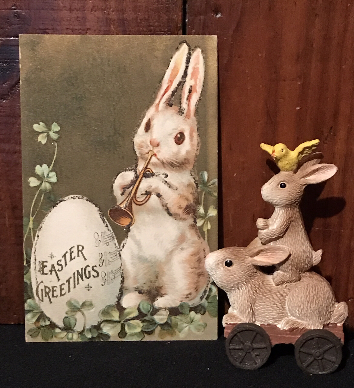 Vintage Primitive Painted Resin Stacked Easter Bunnies & Antique Post ...