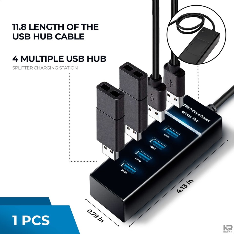 USB Hub 3.0 Extra USB Ports for Laptops - PC USB Extension Cable 4 ...