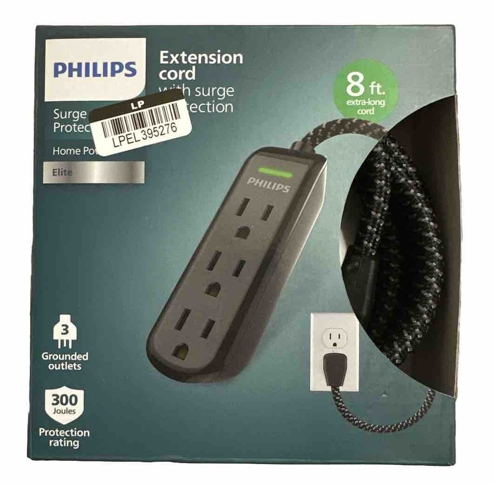 Phillips Extension Cord With Surge Protection, 8 Foot Braided Cord ...
