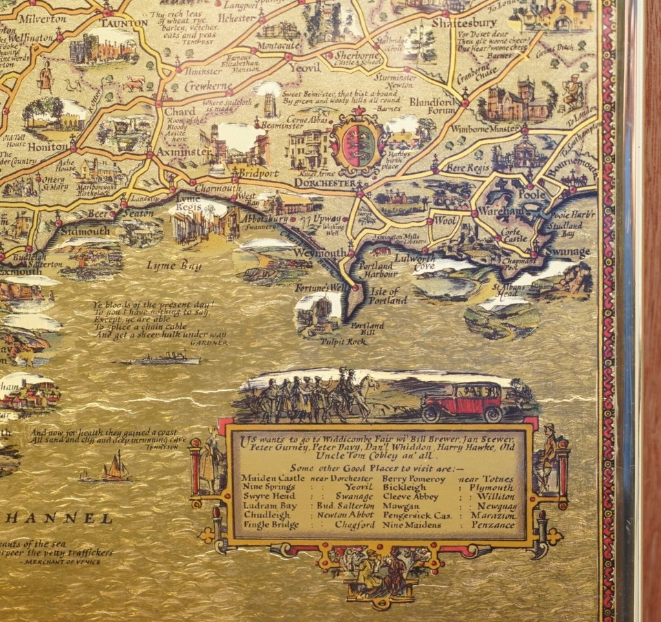 GOLD LEAF FOIL PICTORIAL PLAN MAP OF THE WEST COUNTRY OF ENGLAND ...