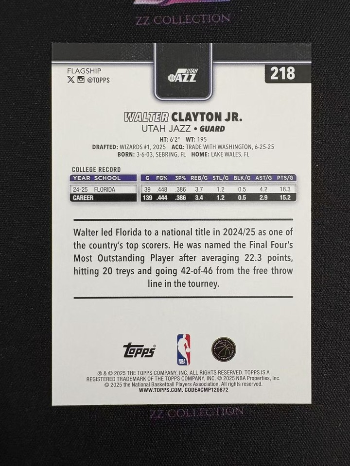 2025-26 Topps Basketball RC Walter Clayton Jr. Utah Jazz 0433/2025 Gold ...