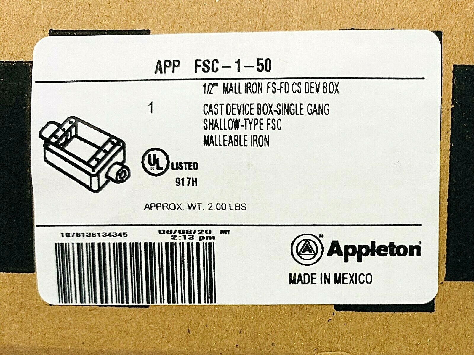 Appleton FSC-1-50 Cast Device Box 1/2" 1 Gang Mall Iron Shallow Type ...