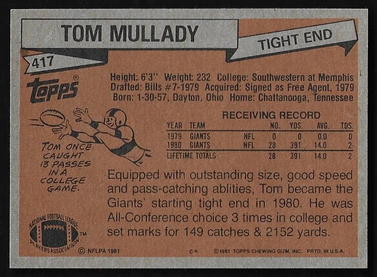 TOM MULLADY Signed 1981 Topps Card #417 AUTO New York Giants | eBay