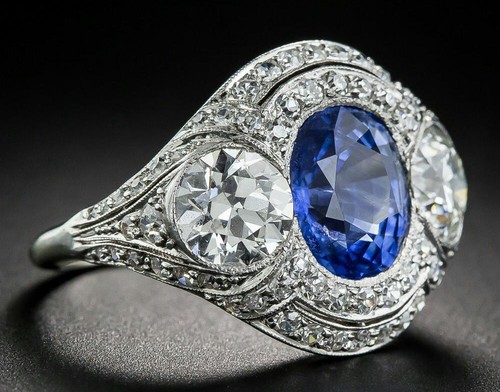 Cocktail Party Ring Solid 925 Sterling Silver Blue Round Three Stone ...