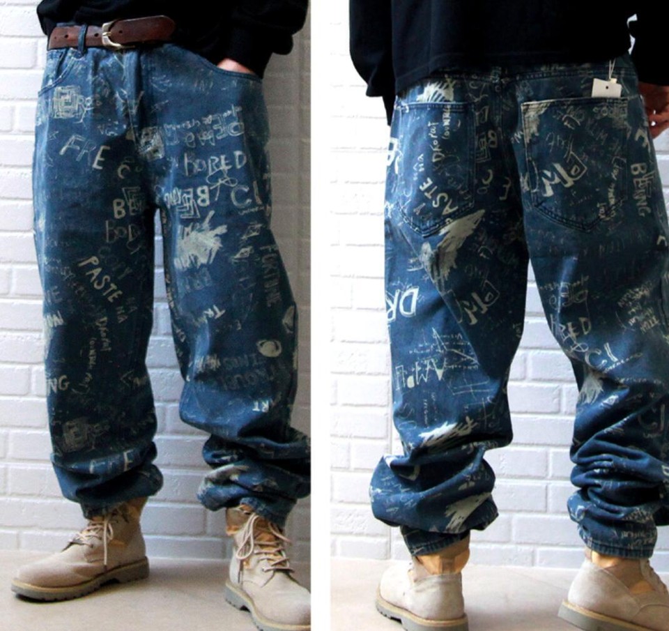 Men Blue Black Denim Letter Printed Straight Loose Fit Punk Jeans Pants ...
