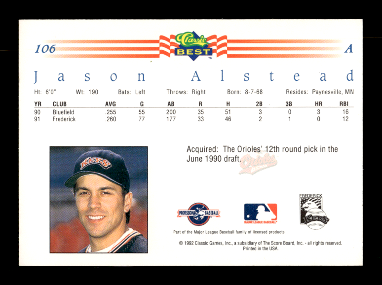 1992 Classic Best # 106 Jason Alstead Card (ML) Frederick Keys ...