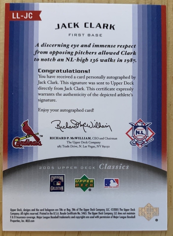 2005 Upper Deck Classics League Leaders Jack Clark Autograph Auto ...