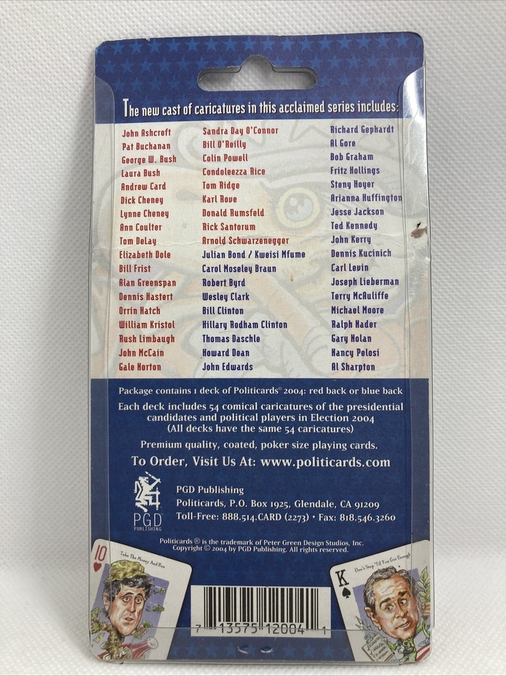Politicards PLAYING CARDS 2004 Red Politicians Celebrities Sealed Bush ...