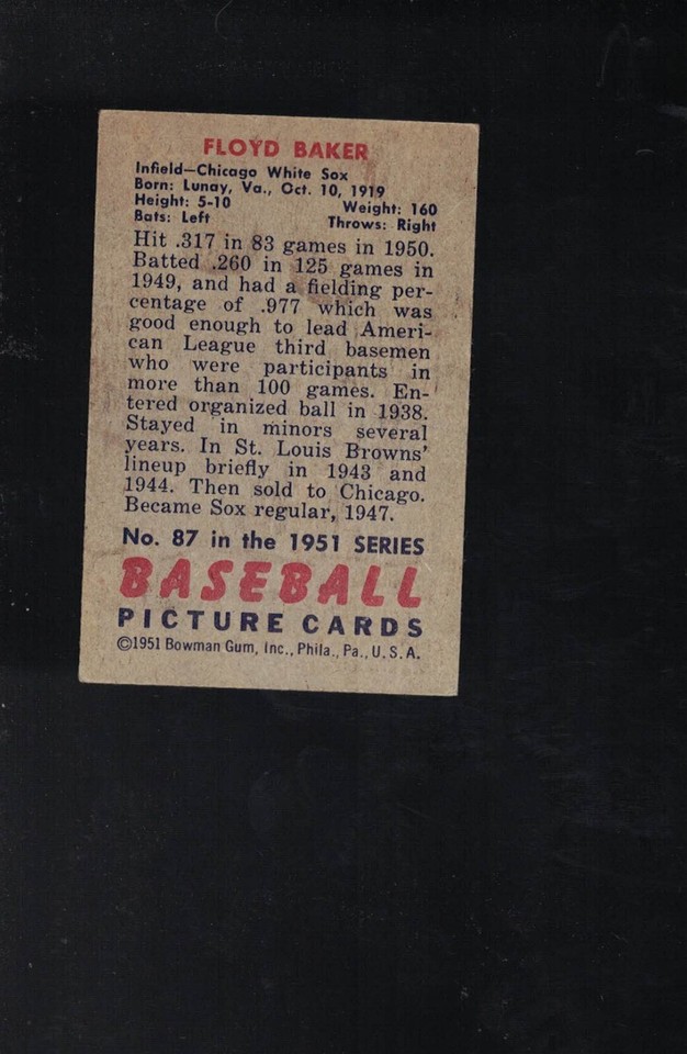 1951 Bowman Baseball Floyd Baker #87 *WHITE SOX* | eBay
