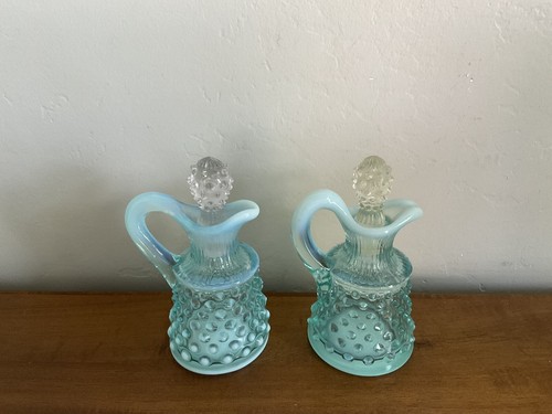 Set of 2 Fenton Aqua Opalescent Small Pitchers, Hobnail, Blue Glass, 4 ...