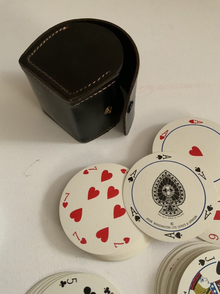 Vintage Waddington Circular Round Playing Cards In Genuine Leather Case ...