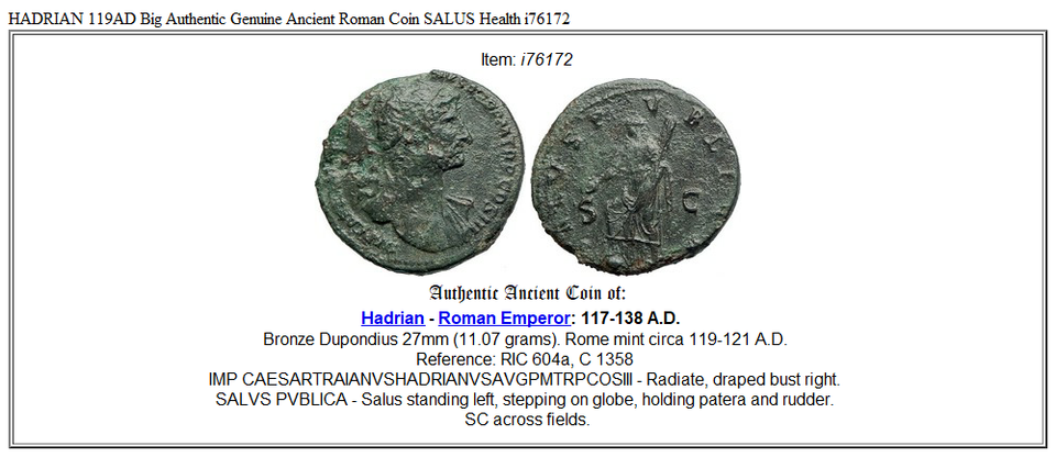 HADRIAN 119AD Big Authentic Genuine Ancient Roman Coin SALUS Health ...