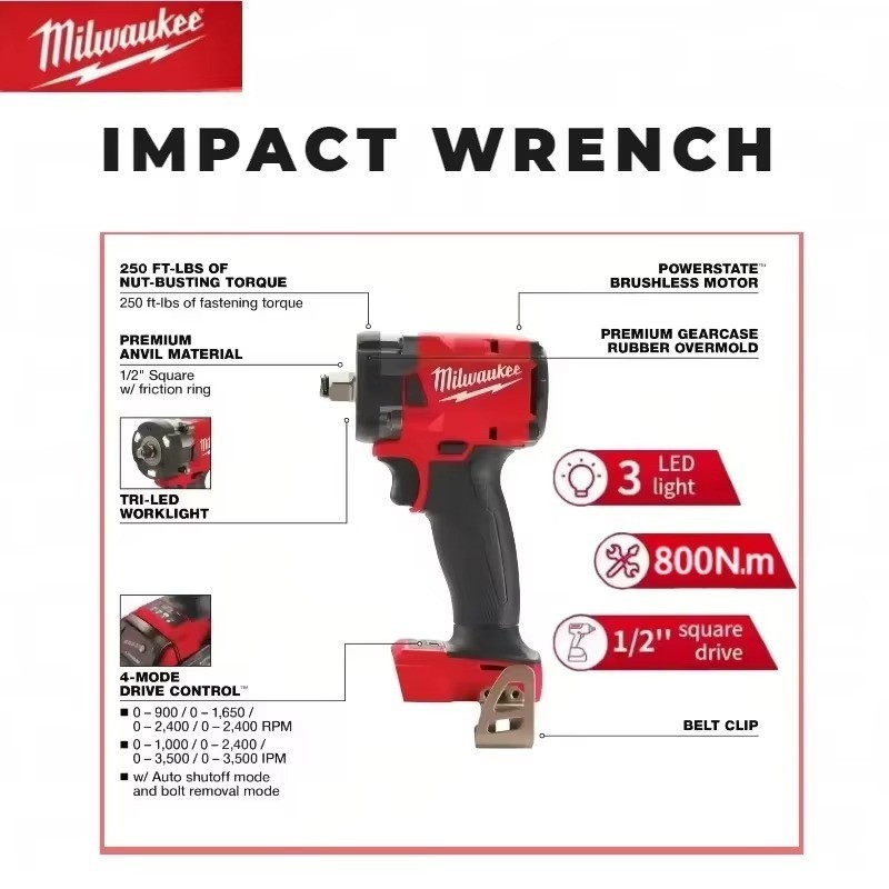 Milwaukee 800Nm Cordless Electric M18 1/2 Compact Impact Wrench ...
