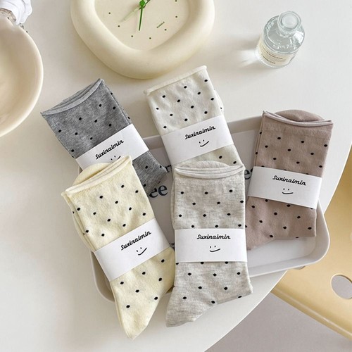 1 pair Fashion Cotton Tube Socks Cute Curled Edges Socks Dot Print Long ...