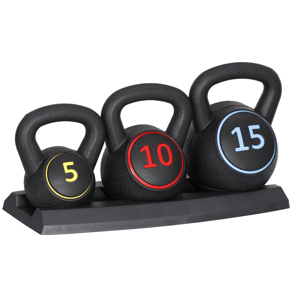 3-Piece Kettlebell Set with Storage Rack 5lb 10lb 15lb Weight for Home ...