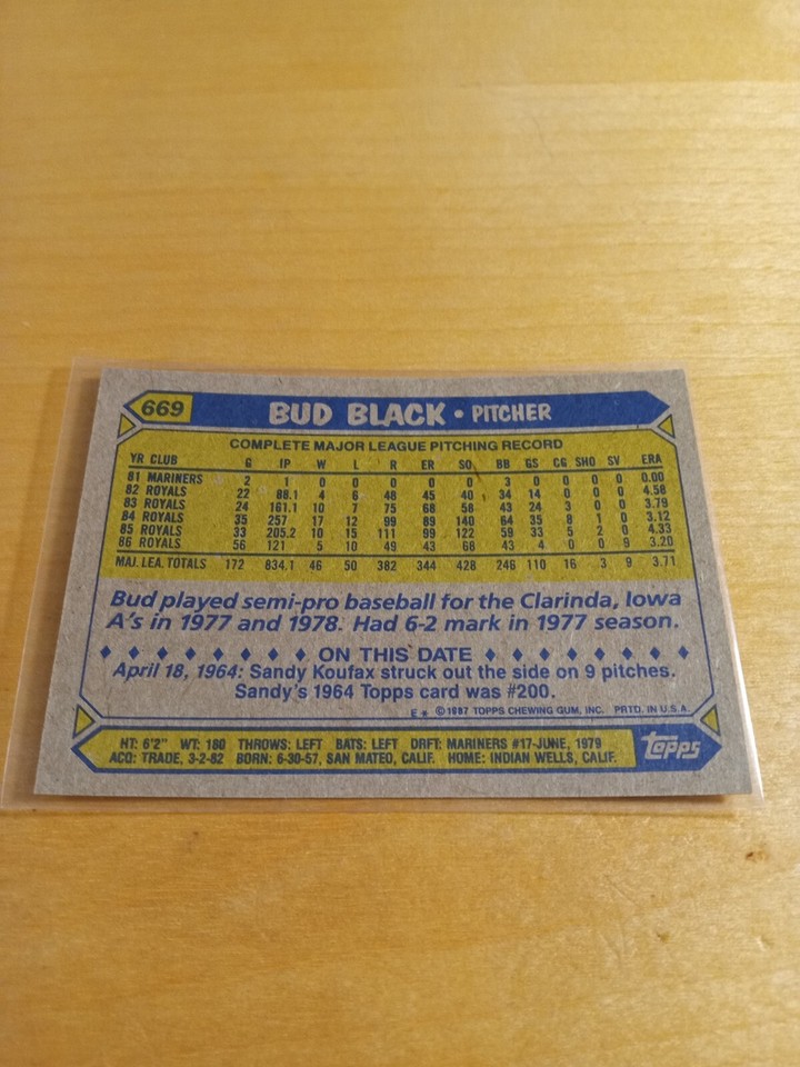 1987 Topps #669 BUD BLACK Kansas City Royals Baseball Card, Pitcher ...