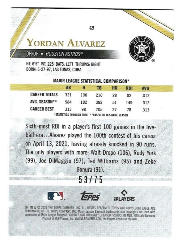 2021 Topps Gold Label PURPLE Class 2 Yordan Alvarez ROOKIE #45 53/75 ...