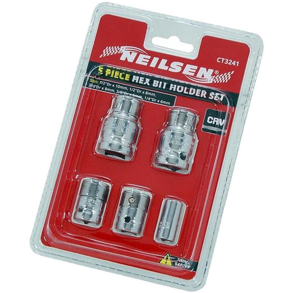 Neilsen 5pc Hex Socket Bit Holder Set Sockets 1/4" 3/8" 1/2" Drive 6mm ...