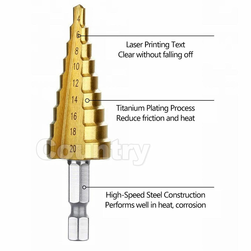 Large 3pcs Steel Step Cone Drill Titanium Bit Set Hole Cutter 3/12mm 4 ...