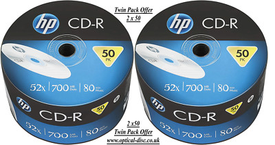 100 x Original HP BRANDED CD-R 80 mins Blank CD Discs 700MB 52X - with ...