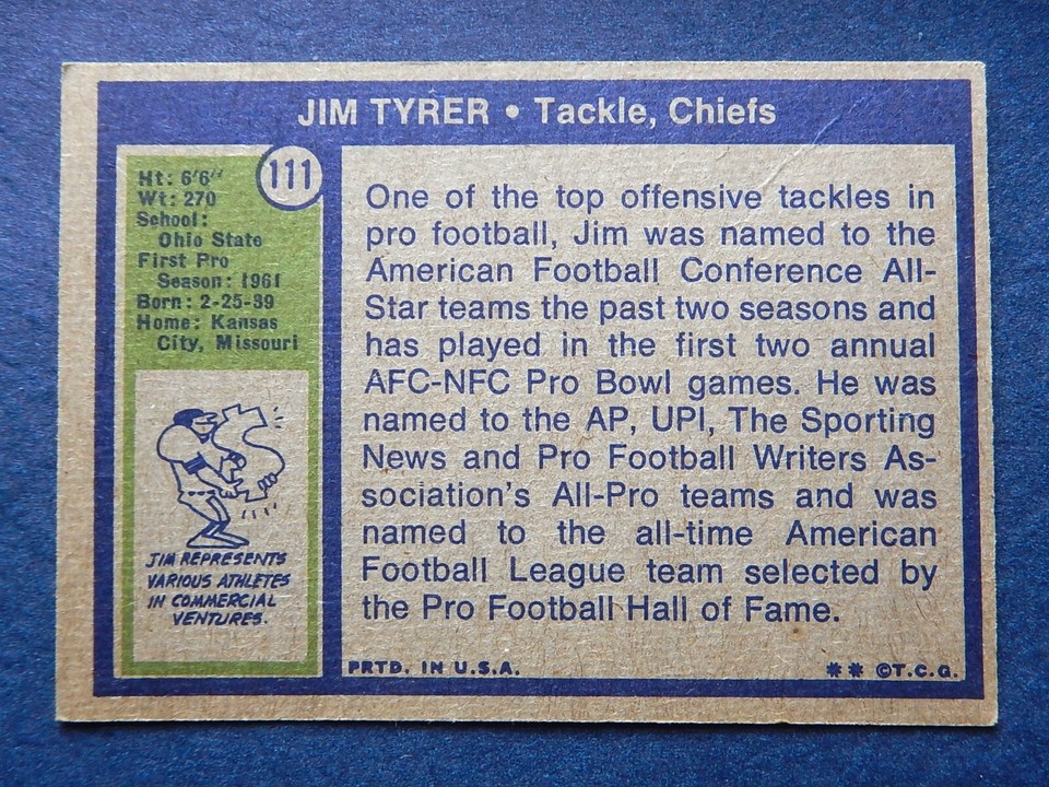 Jim Tyrer #111 Topps 1972 Football Card (Kansas City Chiefs) E | eBay