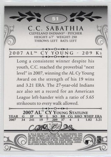 2008 Topps Moments & Milestones - C.C. Sabathia #51-113 Black 2007 AL ...