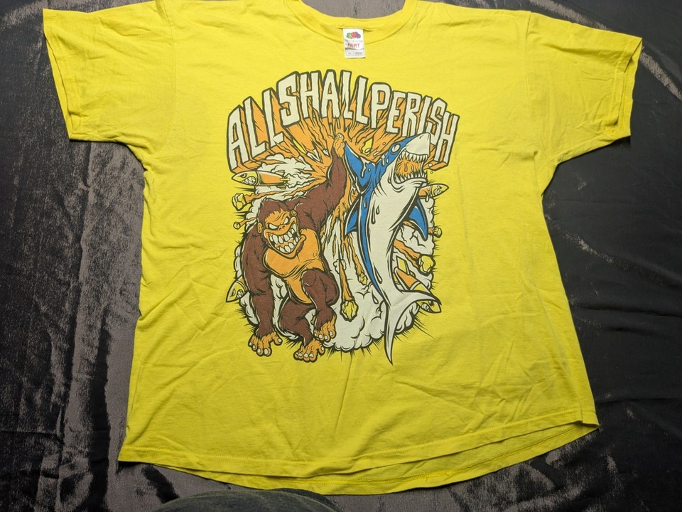 Vintage 1990s ALL SHALL PERISH Ape Shark Graphic T Shirt 2XLYellow | eBay