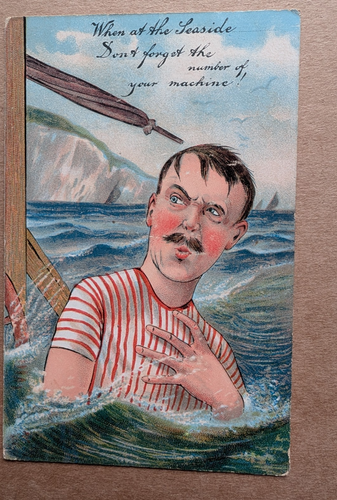 OLD POSTCARD ARTIST COMIC MAN SWIMWEAR UMBRELLA BATHING MACHINE HUMOUR ...